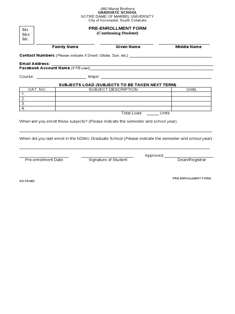 Ms. Mrs MR.: Pre-Enrollment Form (Continuing Student) | PDF