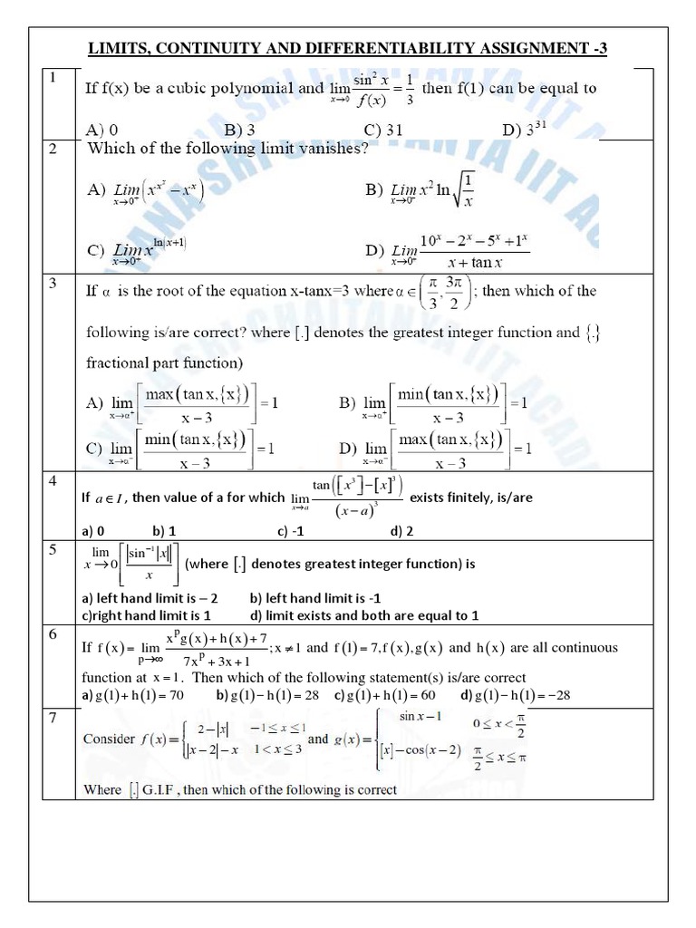 Limits, Continuity and Differentiability Assignment - 3: Tan Lim | PDF | Complex Analysis ...
