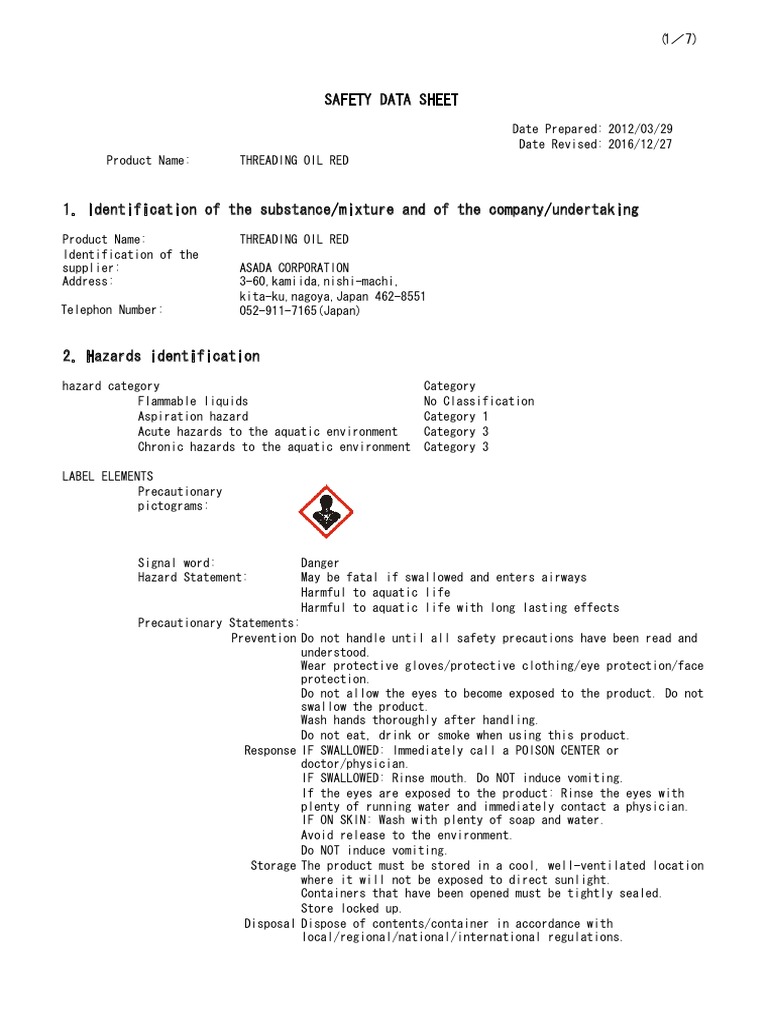 MSDS - Asada Threading Oiil Red - EN | PDF | Toxicity | Firefighting