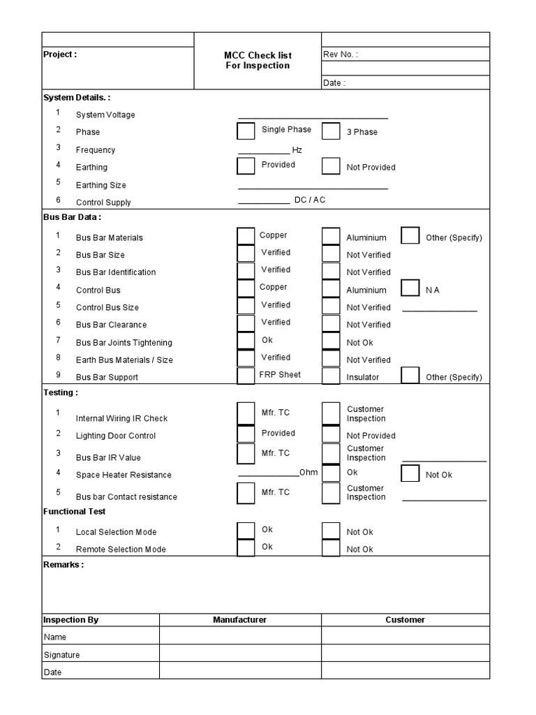 Project:: MCC Check List For Inspection | PDF | Electrical Resistance ...