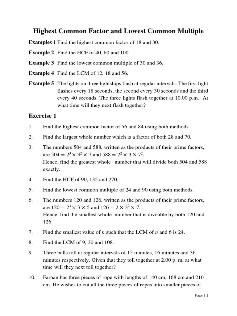 Highest Common Factor and Lowest Common Multiple PDF | PDF | Arithmetic ...