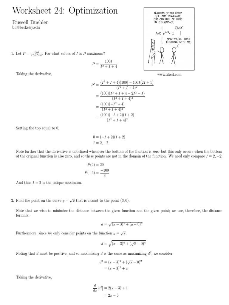 Worksheet 24: Optimization: Russell Buehler | PDF | Area | Triangle