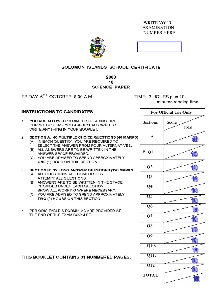 Solomon Islands School Certificate 2000 Science Paper | PDF | Sulfate ...