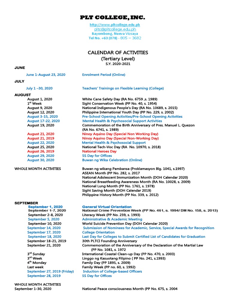 PLT College, Inc.: Calendar of Activities (Tertiary Level) | PDF