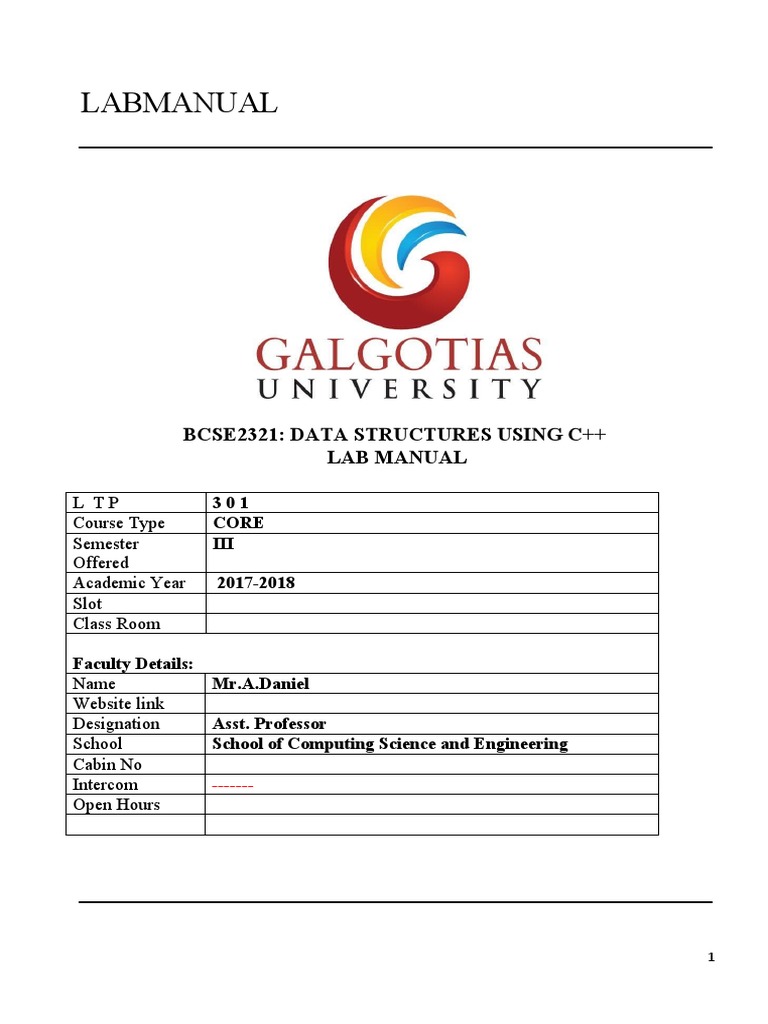 Labmanual: Bcse2321: Data Structures Using C++ Lab Manual | Download ...