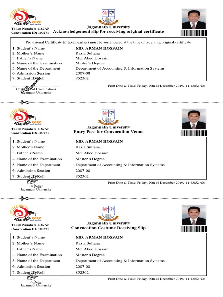 Jagannath University Acknowledgement Slip For Receiving Original ...