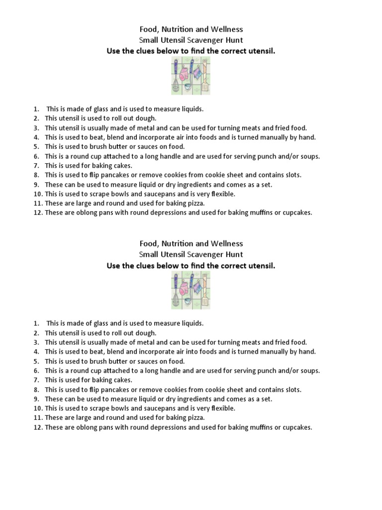 Use The Clues Below To Find The Correct Utensil.: Food, Nutrition and ...