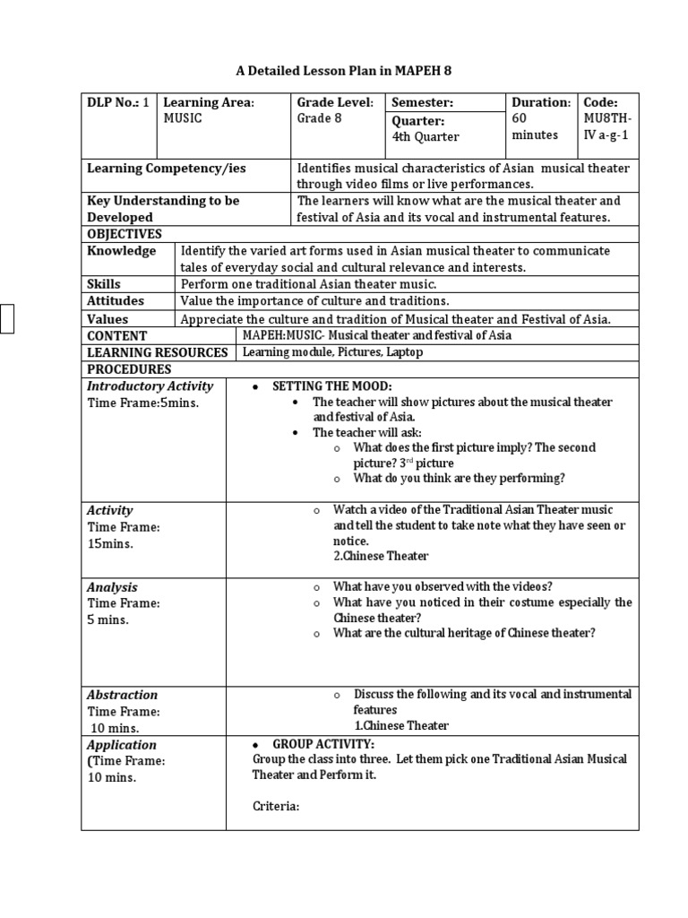 Asian Musical Theater Lesson Plan | PDF | Lesson Plan | Learning