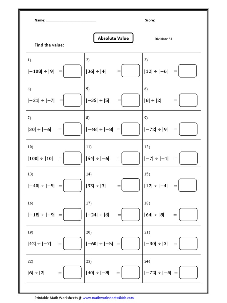 Absolute Value Division Worksheets | PDF
