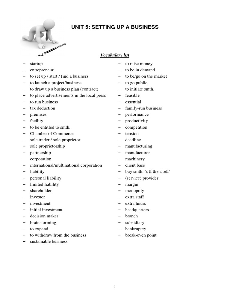 Unit 5: Setting Up A Business: Vocabulary List | PDF | Sole ...