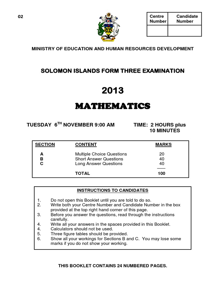 F3 Maths Exam 2013 | PDF | Area | Circle