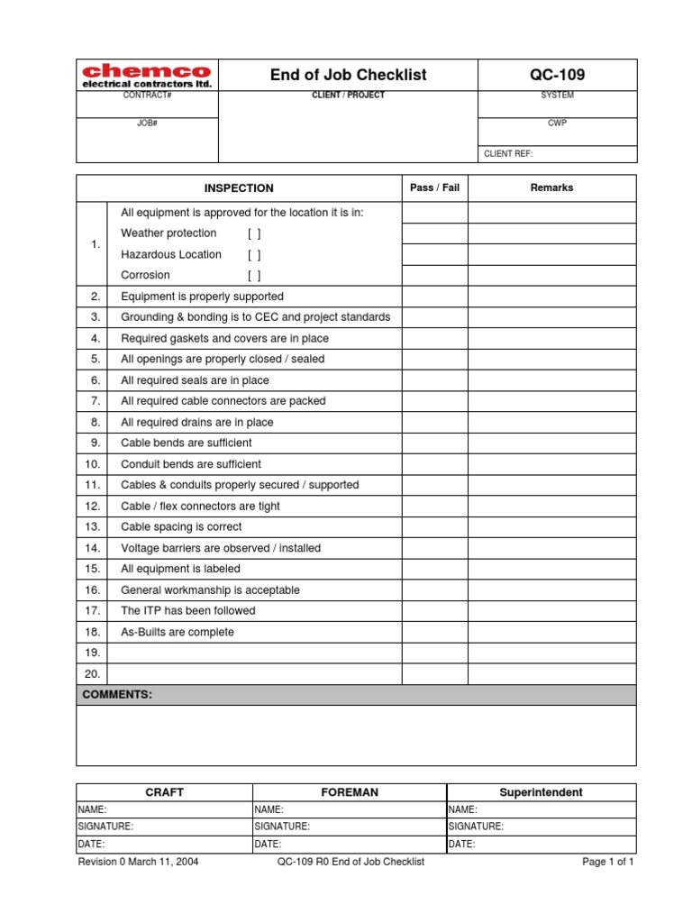 QC-109 R0 End of Job Checklist | PDF