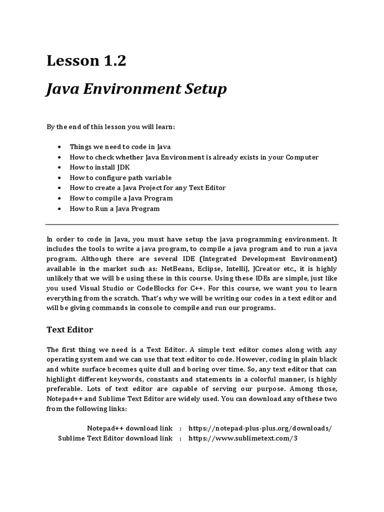 Lesson 1.2 - Java Environment Setup | PDF | Java Virtual Machine | Integrated Development ...