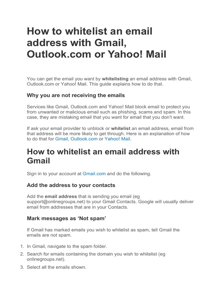 Whitelisting Emails in Gmail, Outlook, Yahoo | PDF | Gmail | Email Spam
