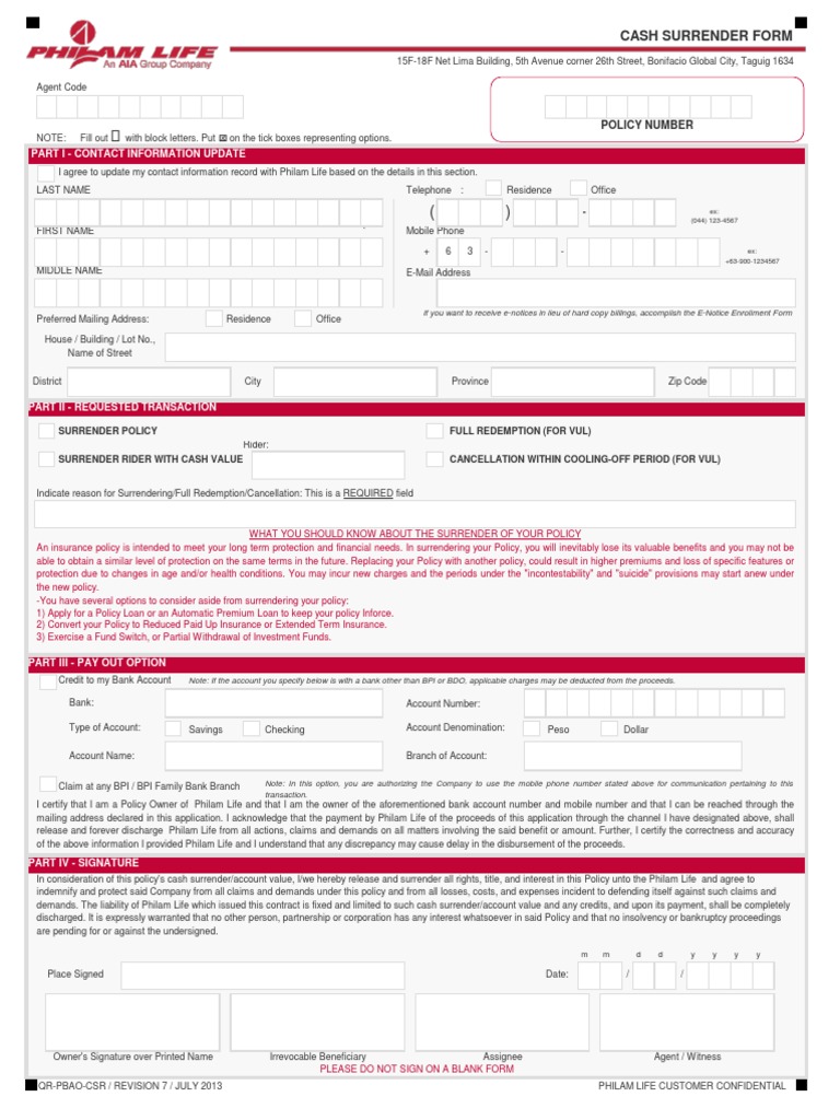 Cash Surrender Request Form | PDF | Notary Public | Insurance