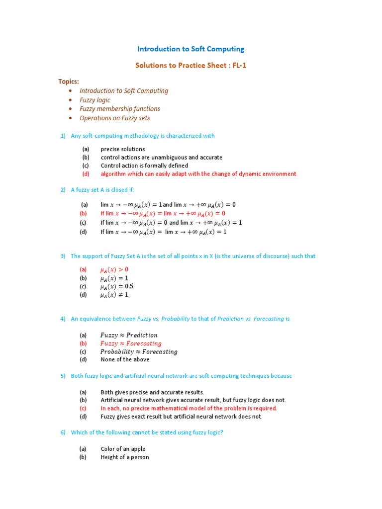 Solutions To Practice Sheet: FL 1: Introduction To Soft Computing | PDF | Fuzzy Logic ...