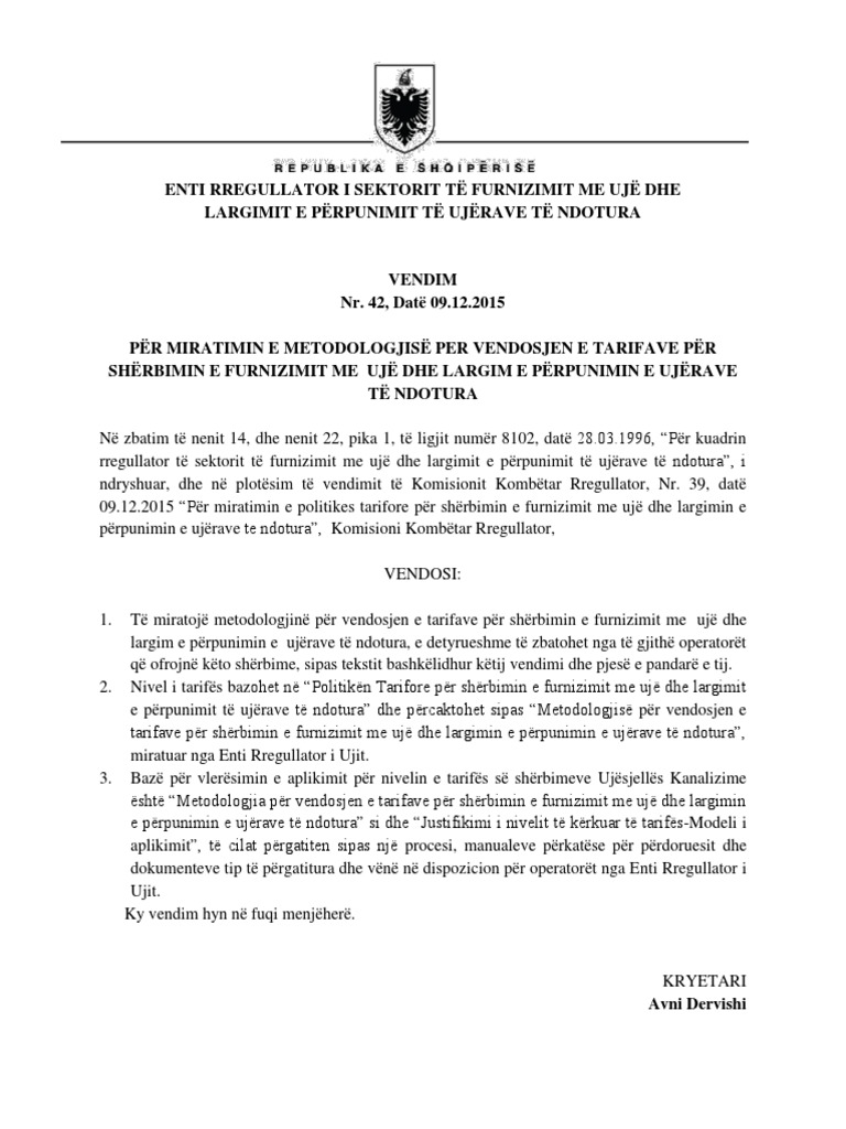 Vendimi 42 Per Metodologjine e Llogaritjes Se Tarifave | PDF