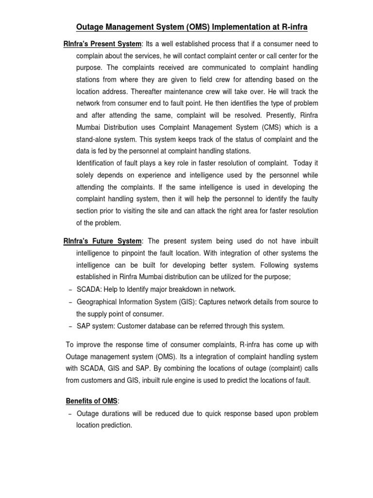 Outage Management System (OMS) Implementation at R-Infra | PDF ...