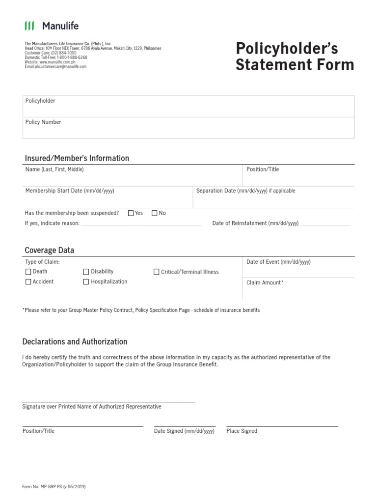 Group Policyholder's Statement | PDF