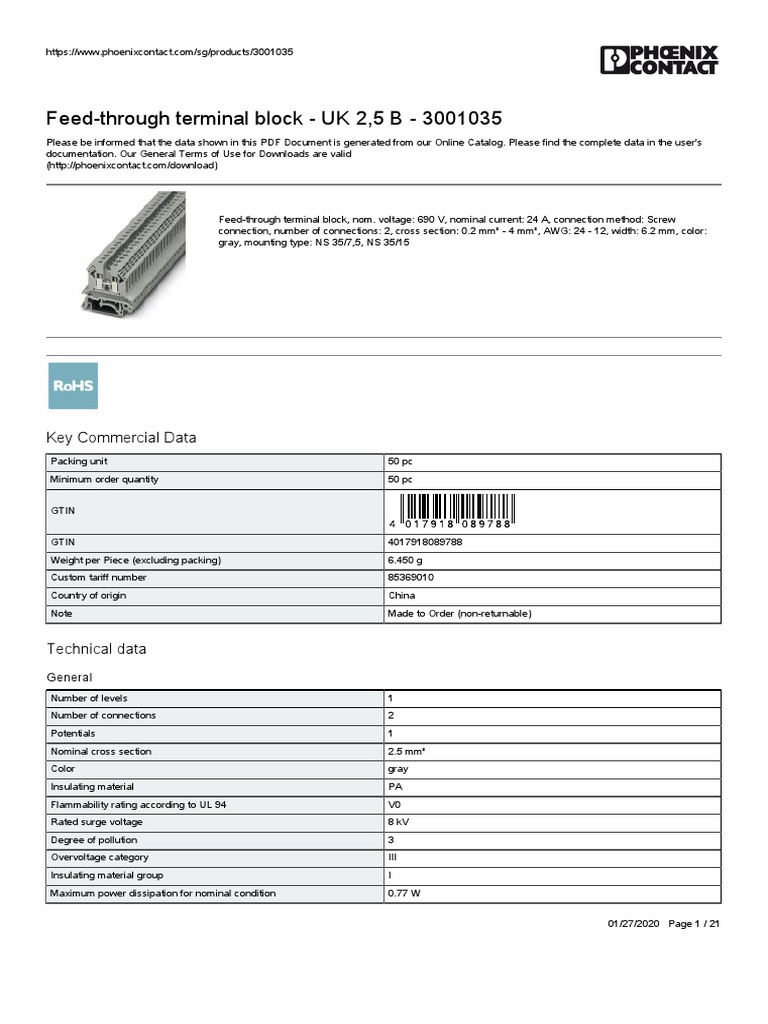 Feed-Through Terminal Block - UK 2,5 B - 3001035: Key Commercial Data ...