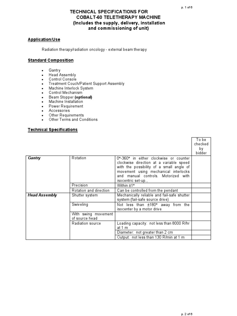 Technical Specifications For Cobalt-60 Teletherapy Machine (Includes ...