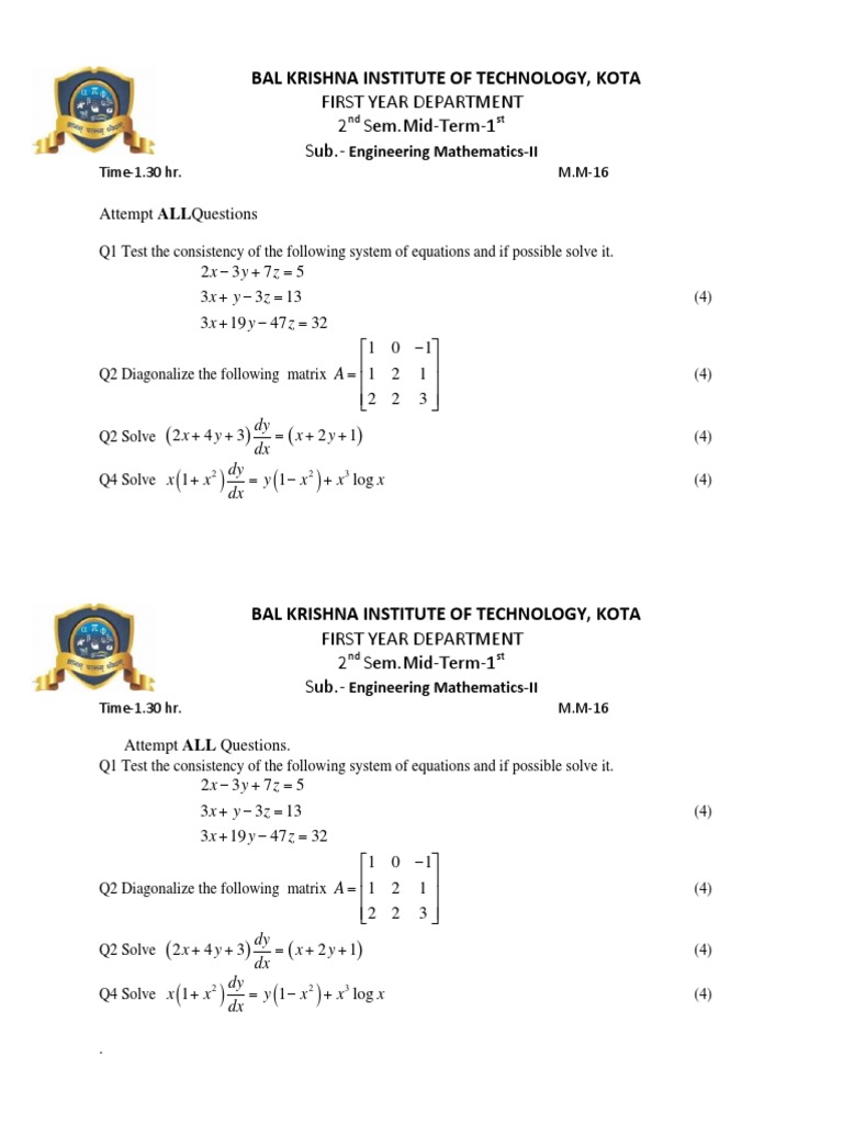 Engineering Math-II Midterm Exam | PDF | Mathematical Analysis ...