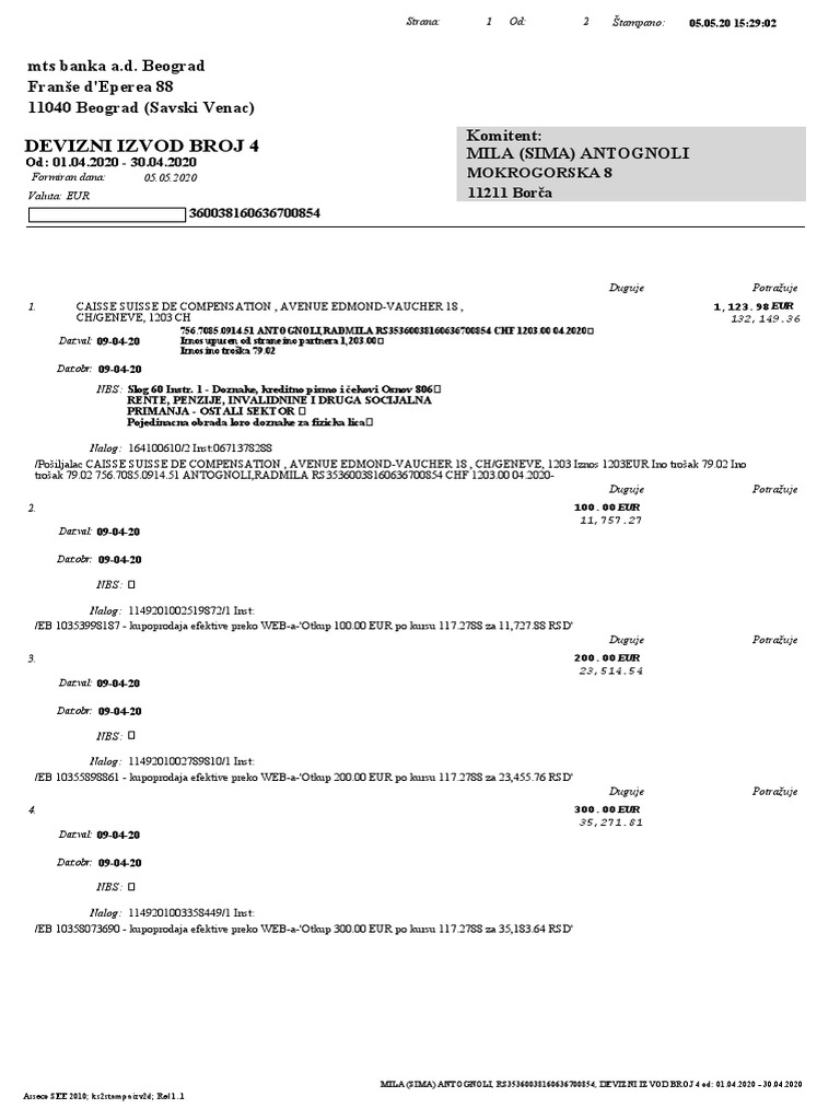 Devizni Izvod Broj 4: Mts Banka A.D. Beograd Franše D'eperea 88 11040 Beograd (Savski Venac) | PDF