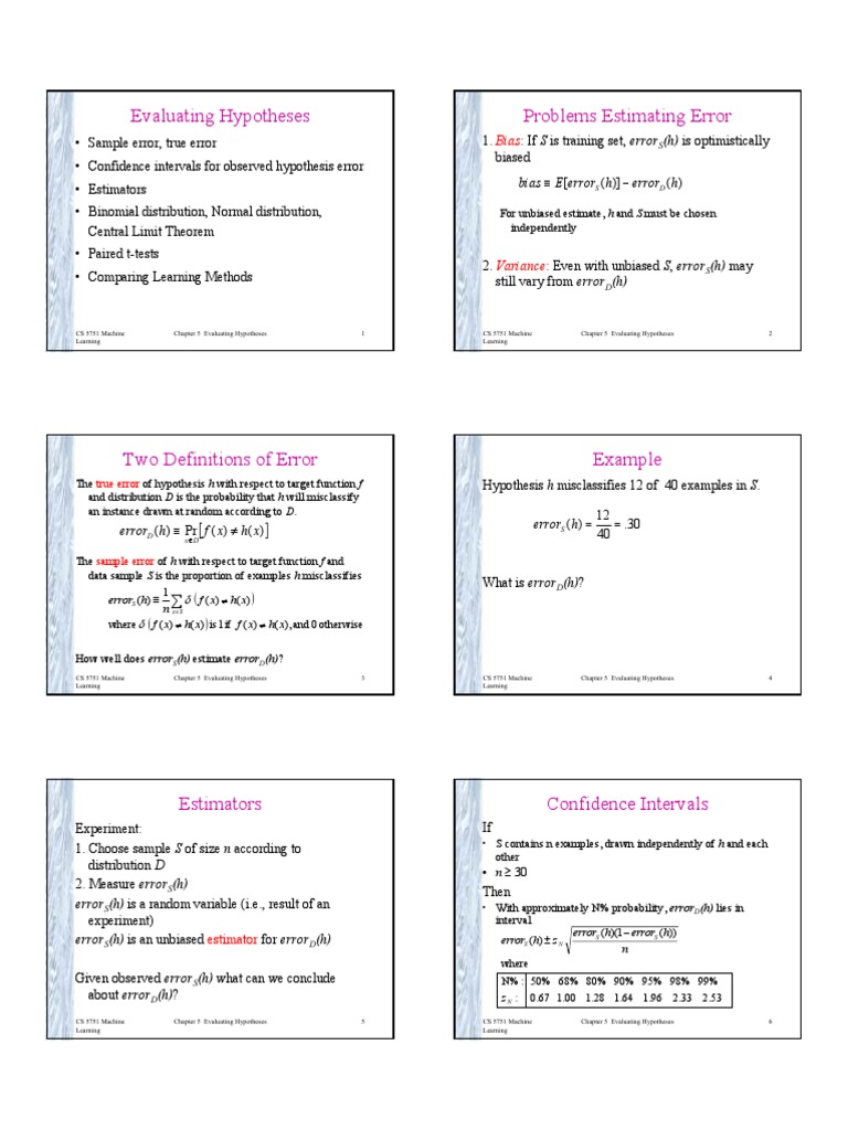 Evaluating Hypotheses Problems Estimating Error: (H) Is Optimistically H Error H Error E Bias ...