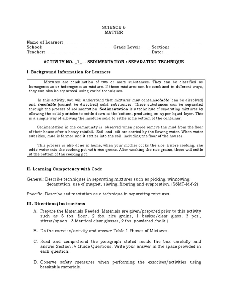 Activity No. - 1 - Sedimentation: Separating Technique I. Background ...