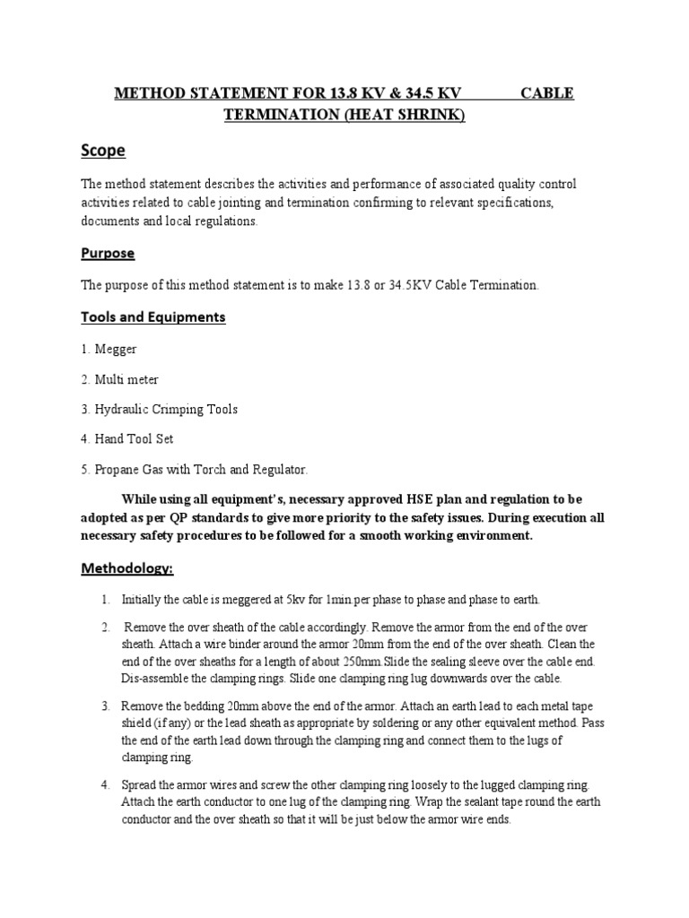 Method of Statement For Cable Termination | PDF | Wire | Insulator ...