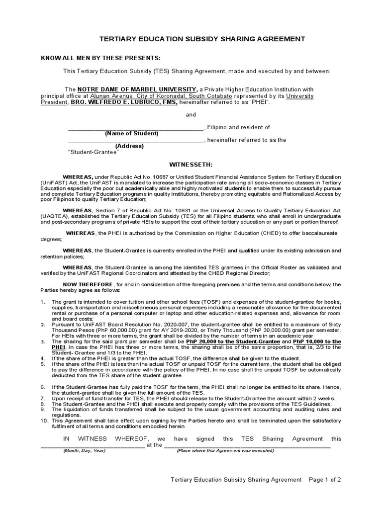 Tertiary Education Subsidy Sharing Agreement: (Month, Day, Year) (Place ...