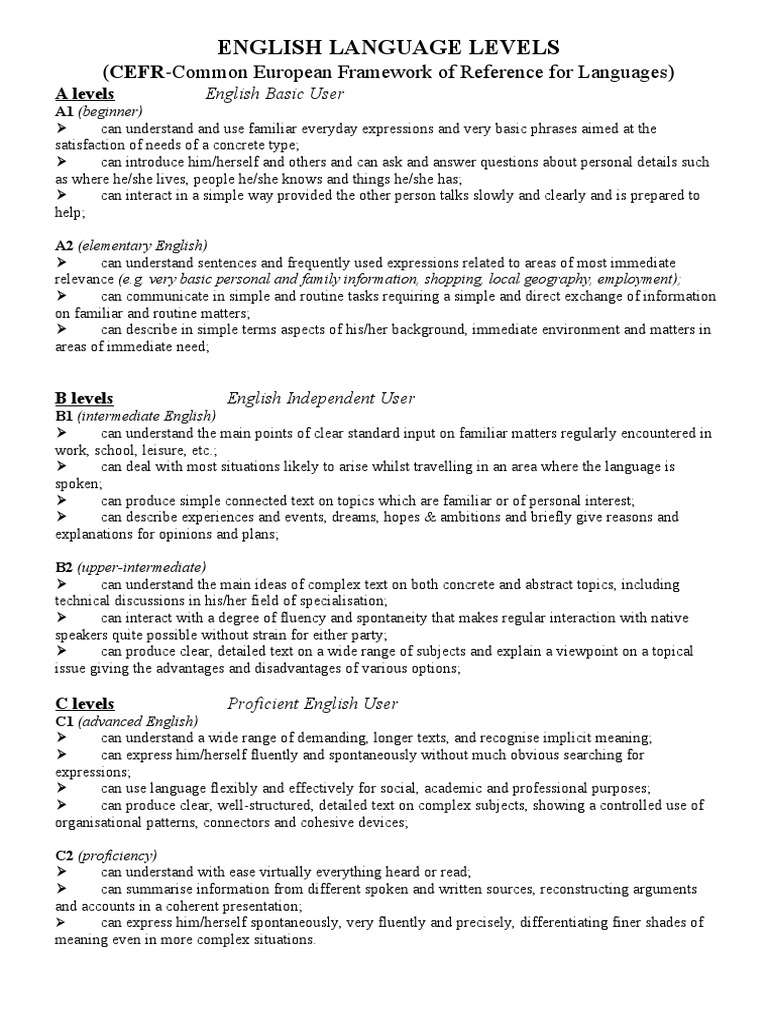 English Language Levels: (CEFR-Common European Framework of Reference For Languages) | Download ...