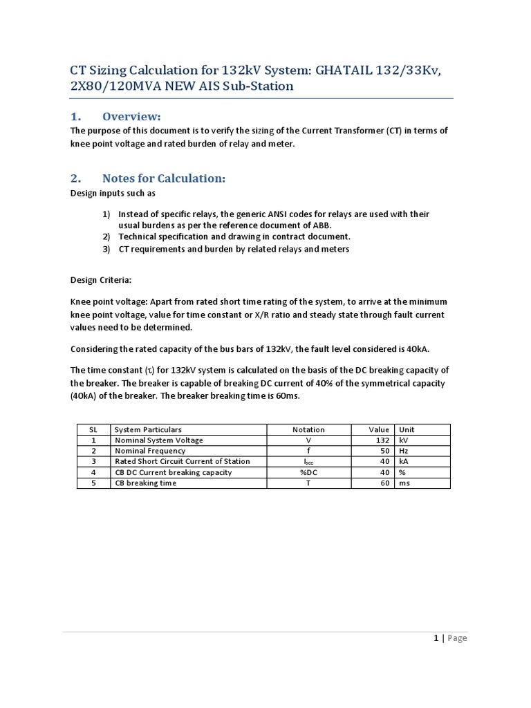 CT Sizing Calculation For 132kV System: GHATAIL 132/33Kv, 2X80/120MVA ...