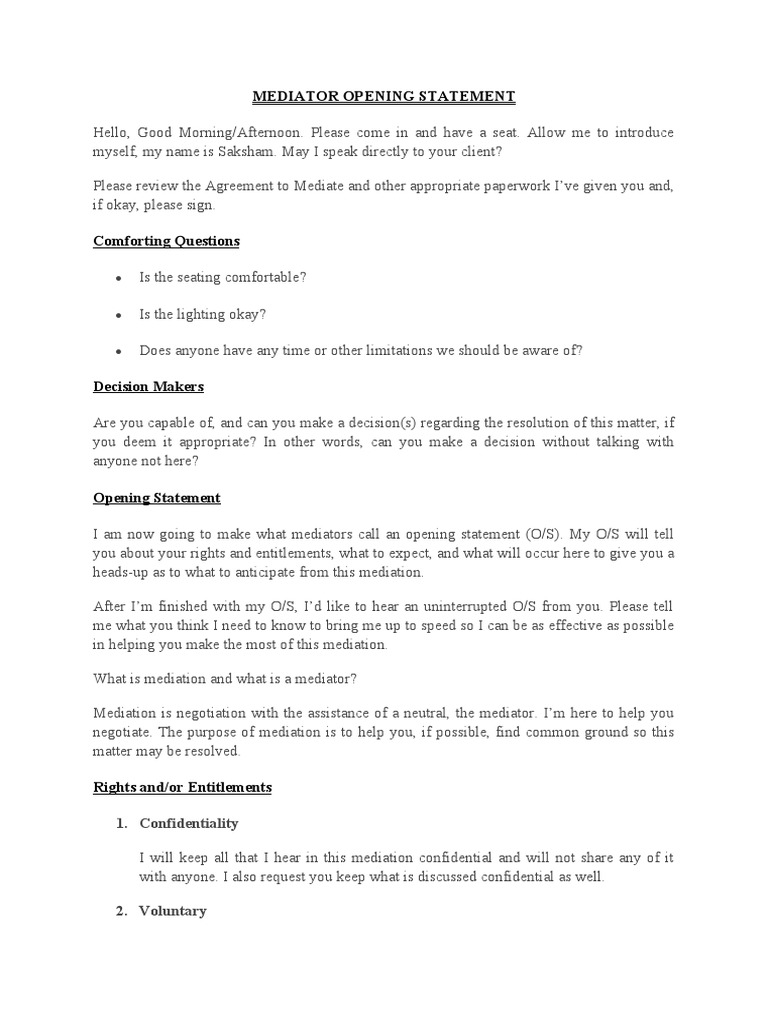 Mediator Opening Statement: 1. Confidentiality | Download Free PDF ...