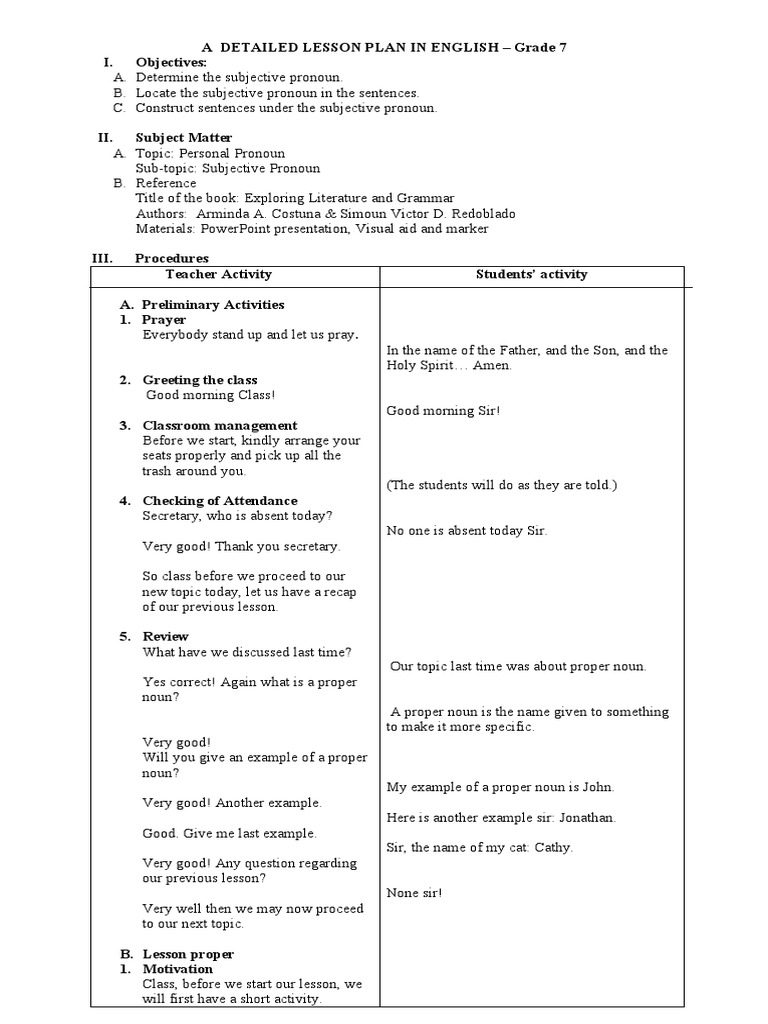 A DETAILED LESSON PLAN IN ENGLIS 7 Personal Pronouns-V1 | PDF | Pronoun ...