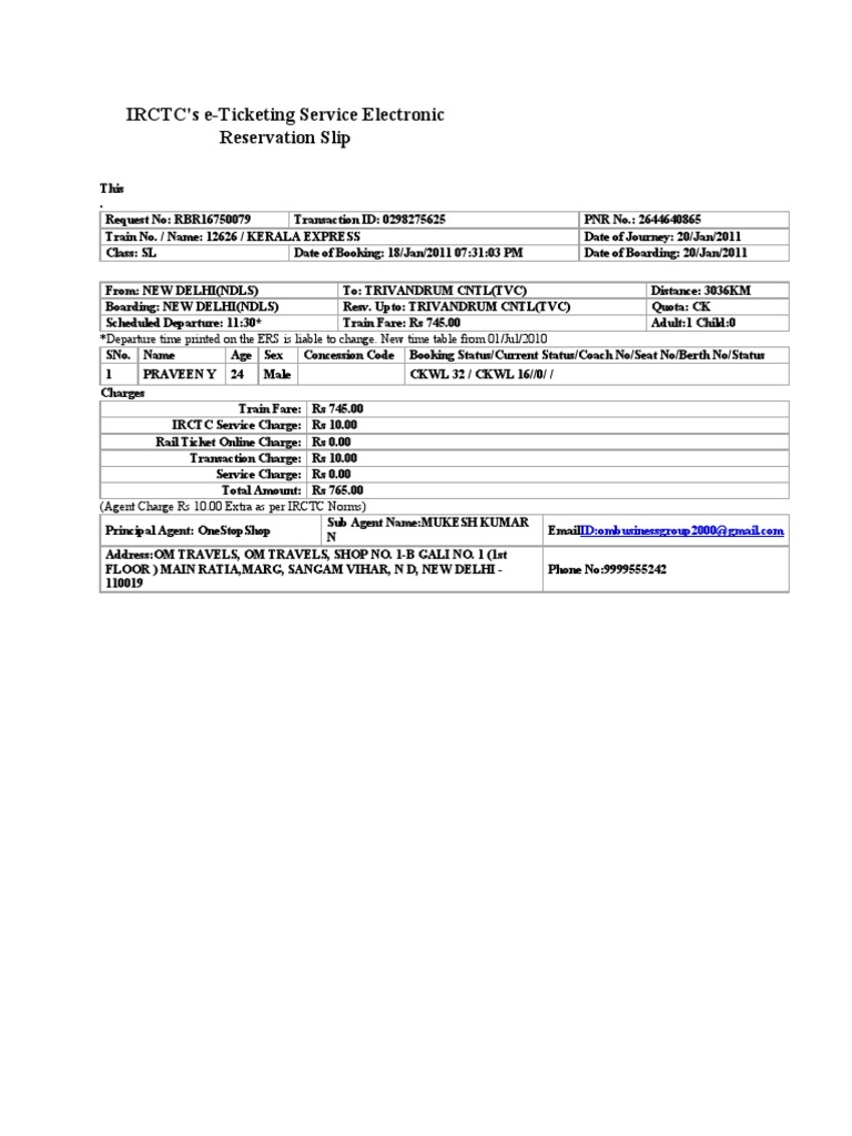 IRCTC e-Ticketing Reservation Slip | PDF