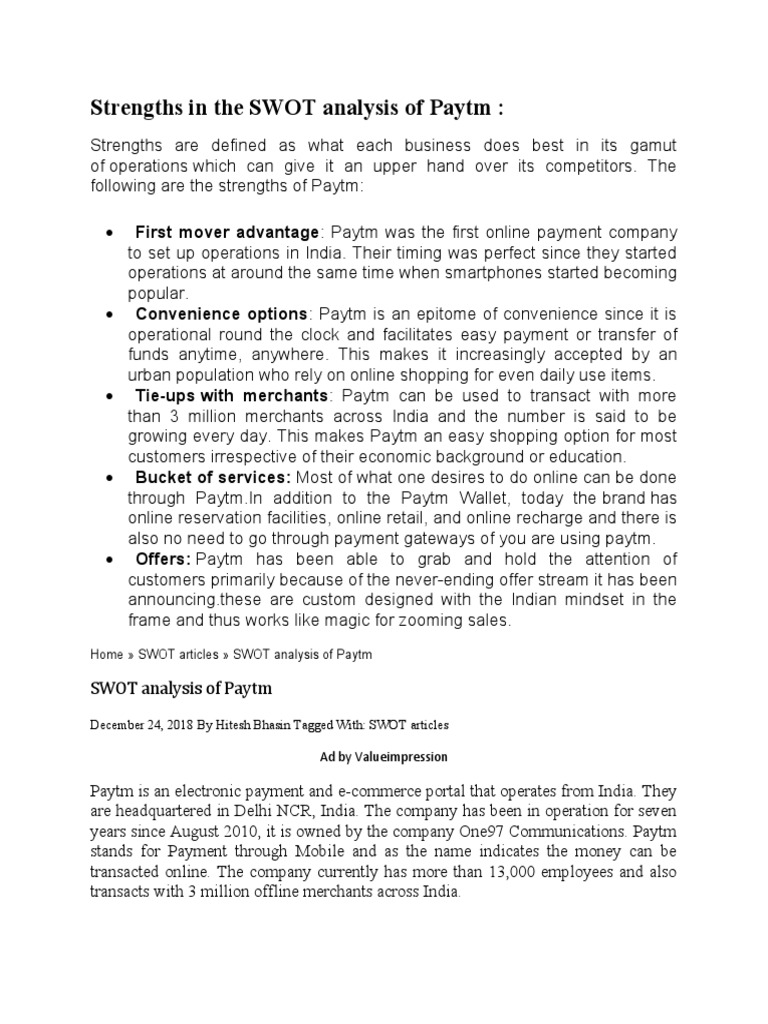 SWOT Analysis of Paytm's Strengths | PDF | Online Shopping | E Commerce