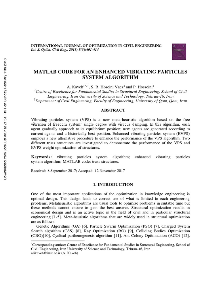 Matlab Code For An Enhanced Vibrating Particles System Algorithm | PDF | Metaheuristic | Applied ...