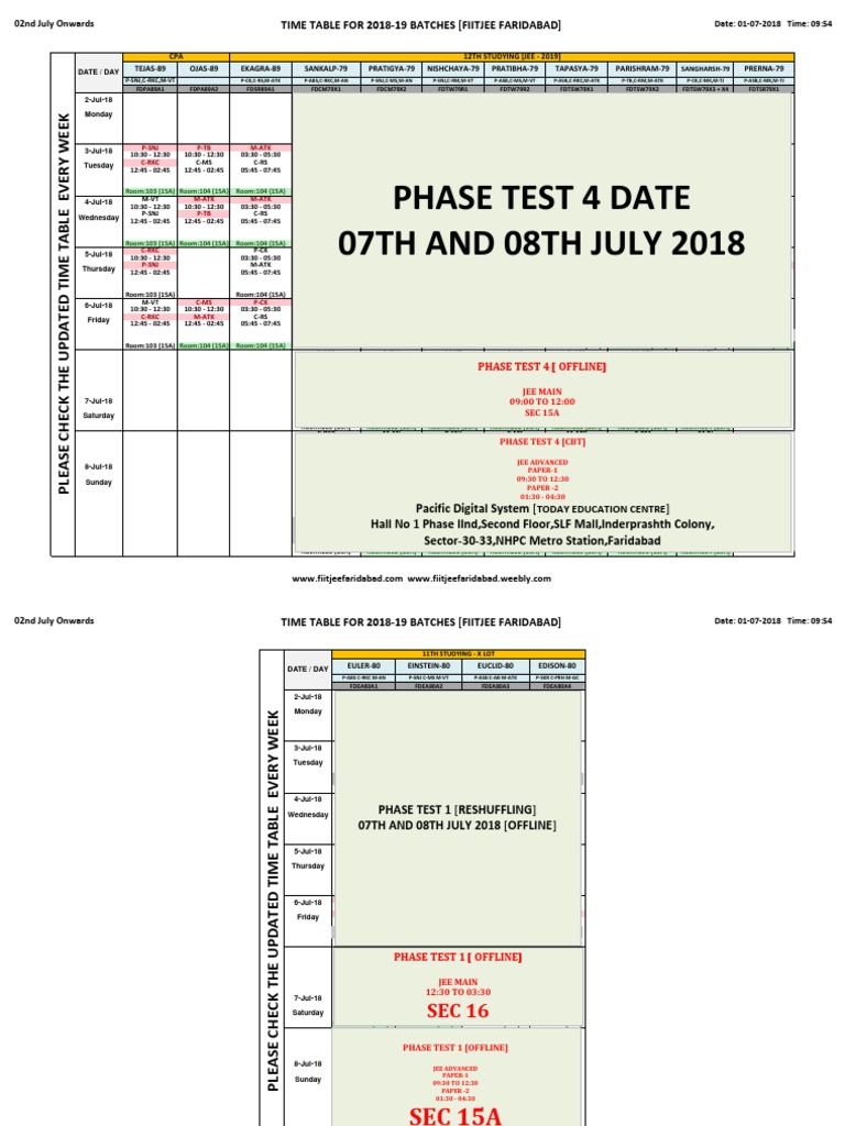 Phase Test 4 Date 07TH AND 08TH JULY 2018: Venue: Sec 15A | PDF