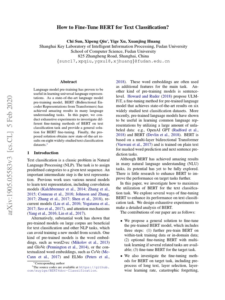 How To Fine-Tune BERT For Text Classification?: Corresponding Author ...
