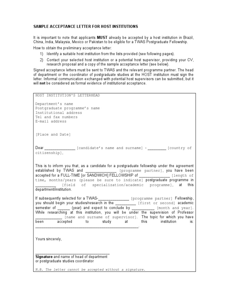 Sample Acceptance Letter For Host Institutions: N.B. The Letter Cannot ...