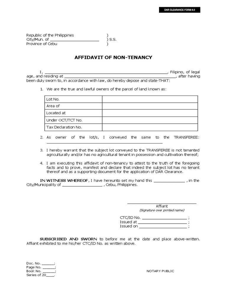 Affidavit of Non-Tenancy: IN WITNESS WHEREOF, I Have Hereunto Set My ...