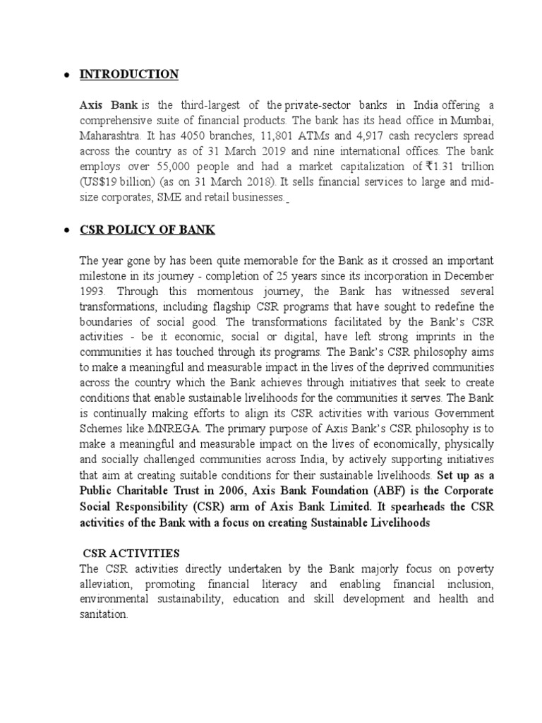 Axis Bank CSR Initiatives Overview | PDF | Corporate Social ...