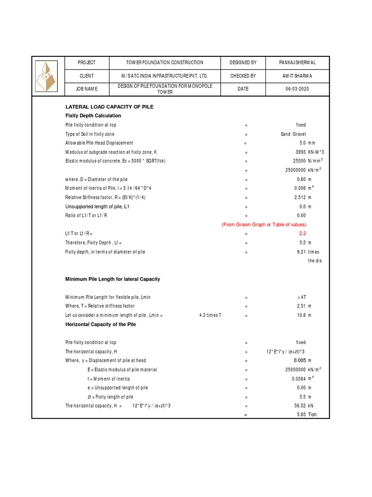 Lateral Load Capacity of Pile: Fixity Depth Calculation | PDF