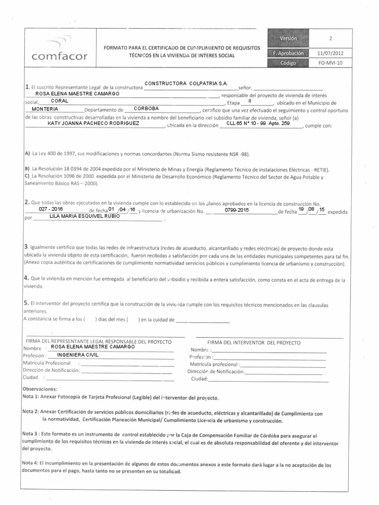 Formato Cumplimientos Tecnicos de Vivienda Comfacor | PDF