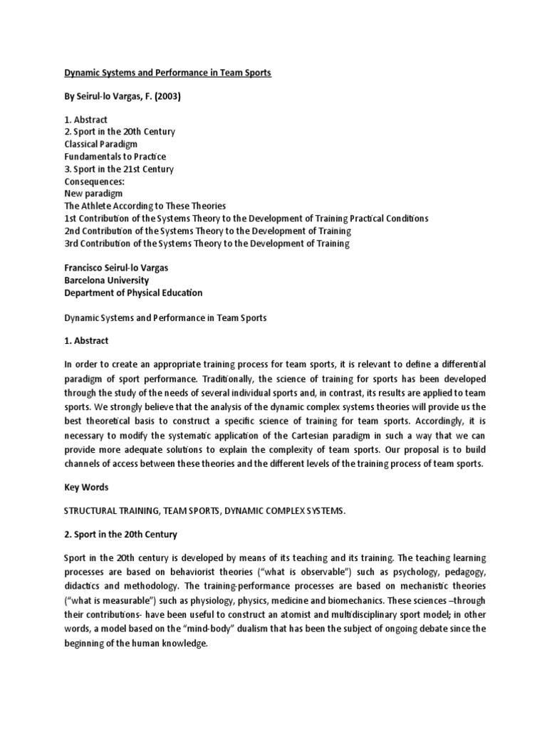 Dynamic Systems and Performance in Team Sports | PDF | System | Systems ...