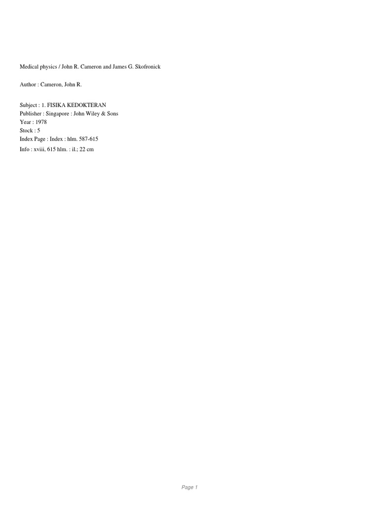 Medical Physics / John R. Cameron and James G. Skofronick | PDF
