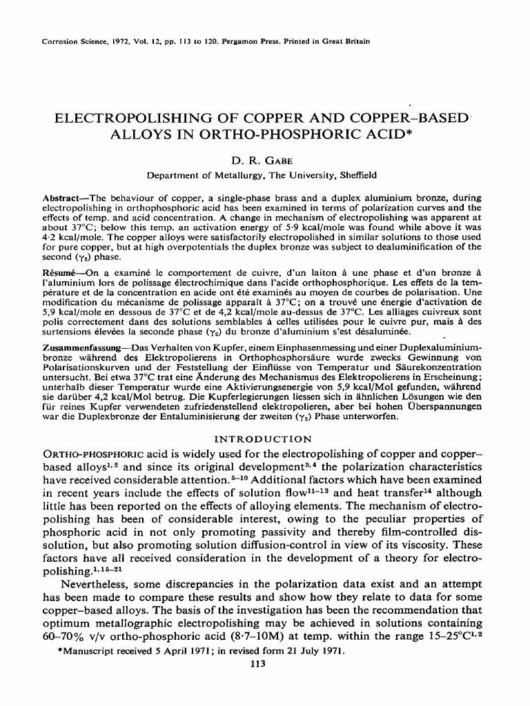 Electropolishing Copper in Phosphoric Acid | PDF | Chemical Substances ...