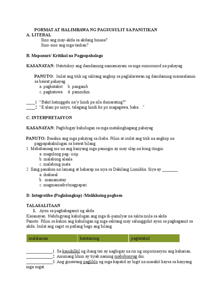 Pormat at Halimbawa NG Pagsusulit Sa Panitikan Notes | PDF