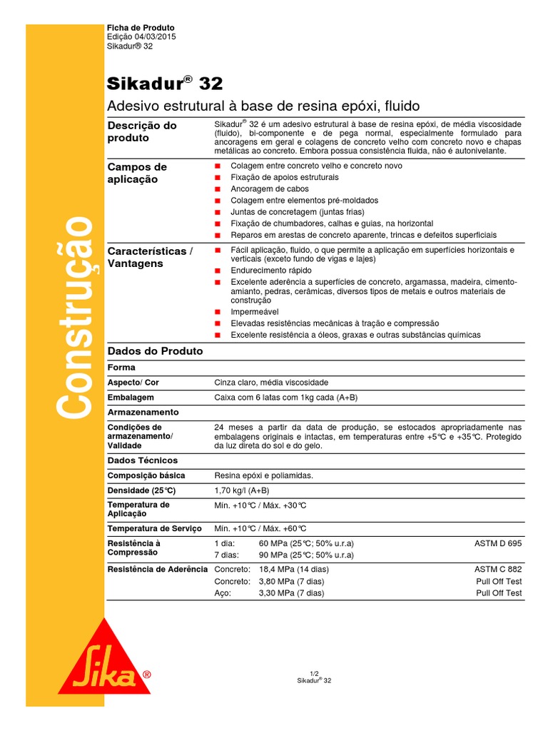 Ficha Técnica - 1035 - Sikadur 32 PDF | PDF | Mistura | Concreto